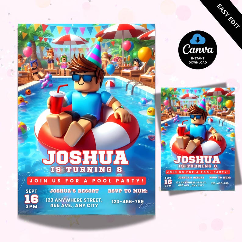 Pool Party Birthday Invitation, Gamer Birthday Invitation, Building ...