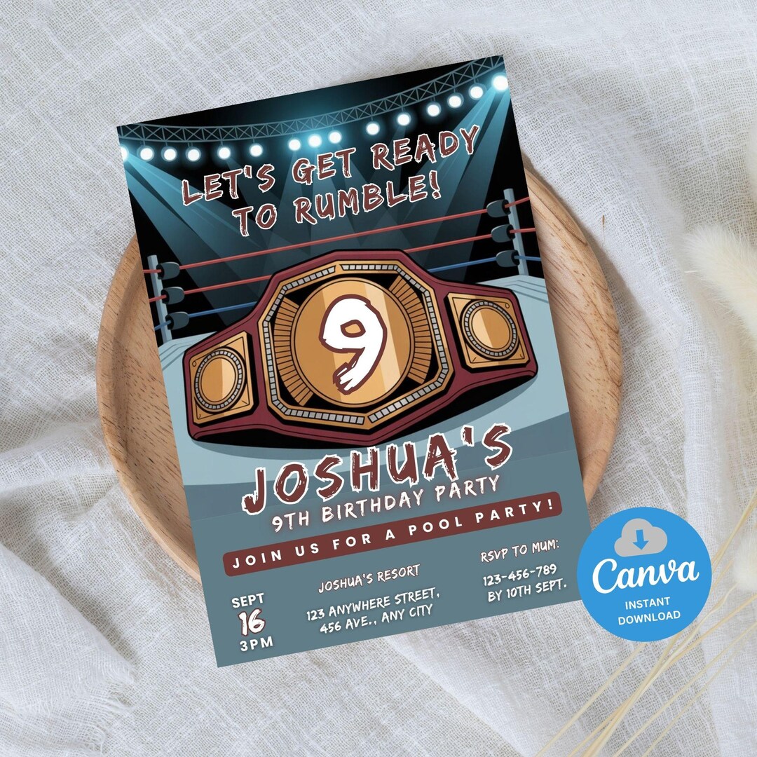 Wrestling Birthday Invitation Template, Editable Championship Belt ...