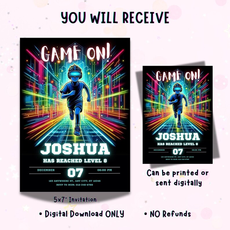 VR Birthday Invitation, Gamer Party Invite, Any Age Video Game Editable ...