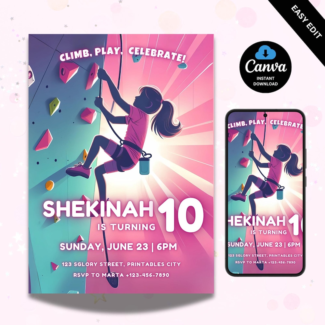 Editable Rock Climbing Birthday Invitation for Girls Indoor Climbing ...