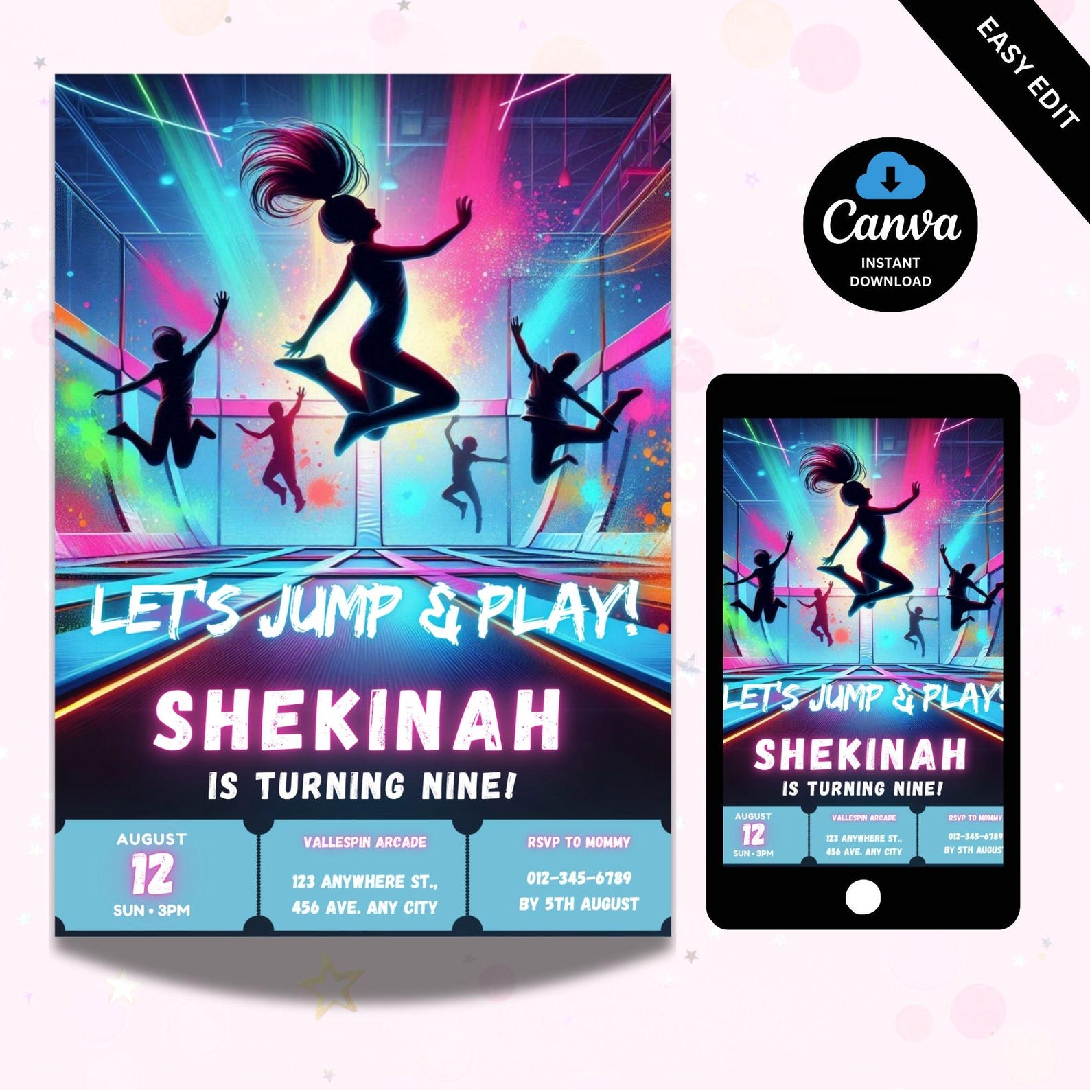 Trampoline Park Birthday Invitation Template, Editable Canva Design for ...