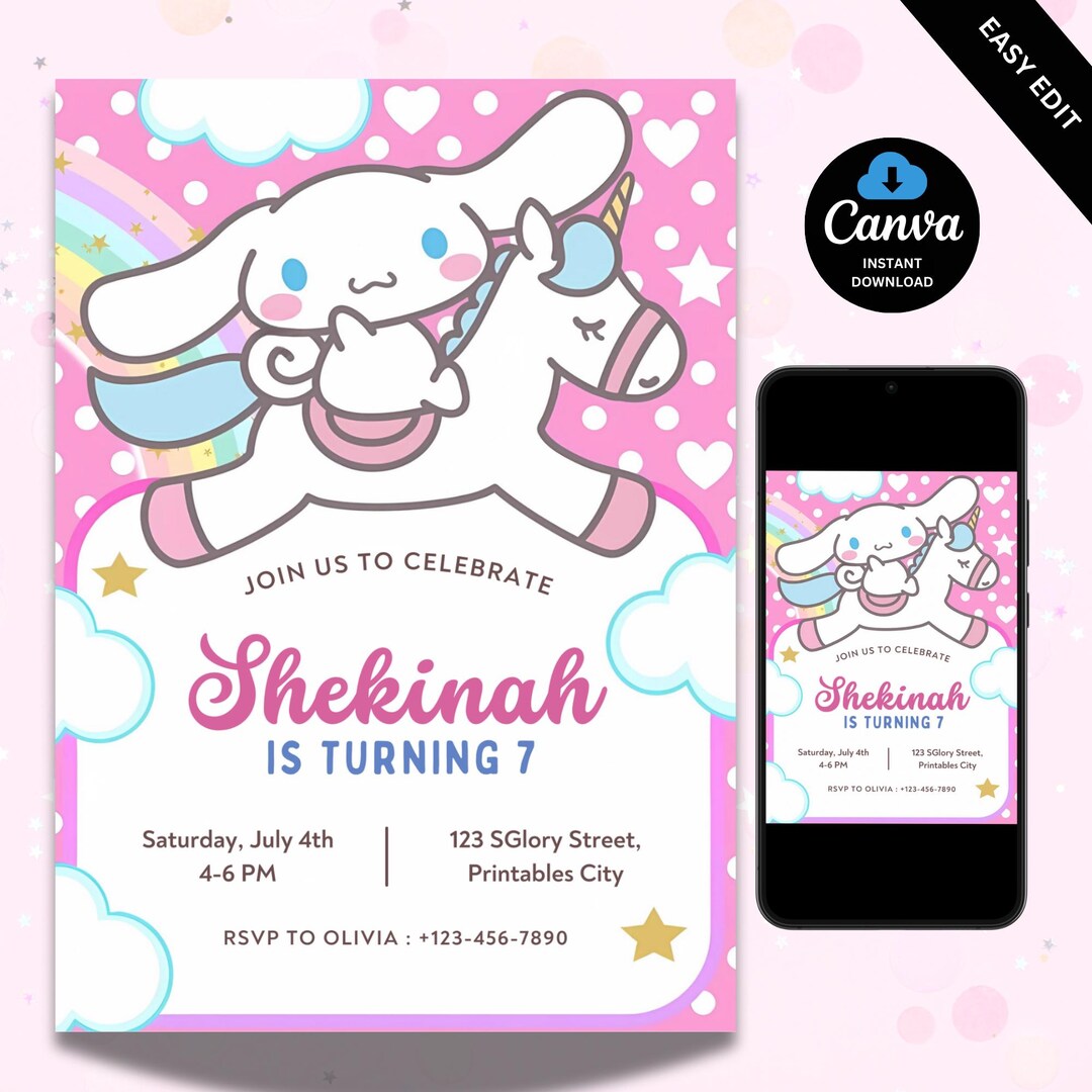 Kitty Birthday Invitation, Editable Cinna Bunny, Kitty Birthday Invite ...