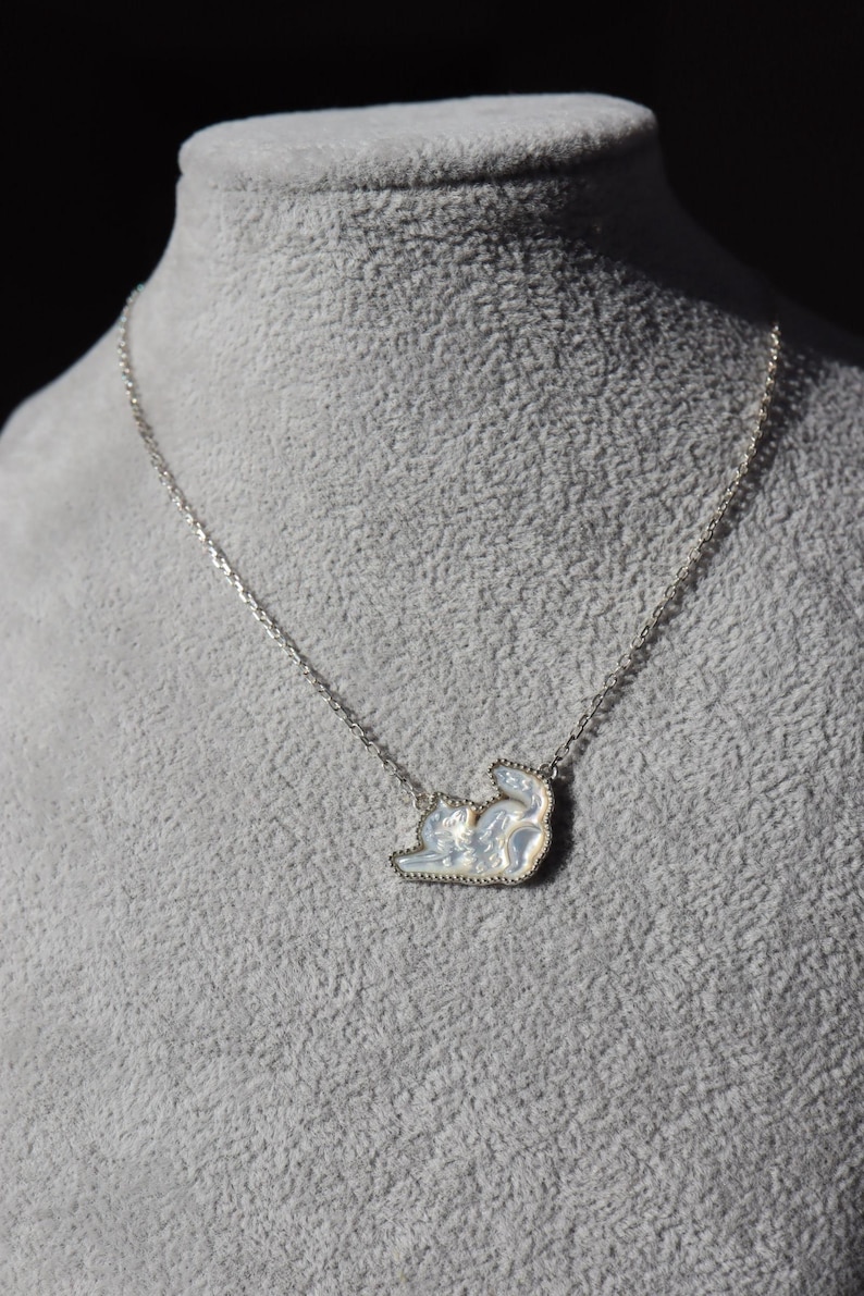 Mother of Pearl Cat Necklace: Sterling Silver Stretching Kitty Pendant ...