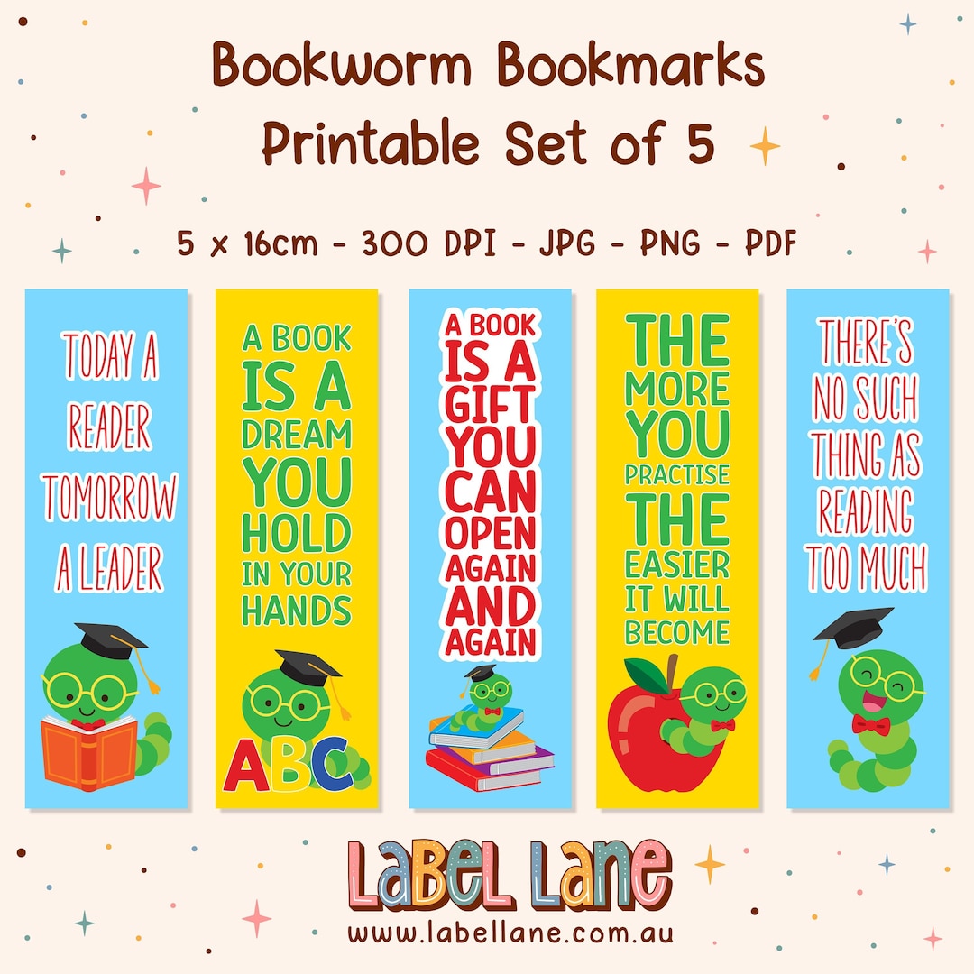 Printable Bookworm Bookmarks Set of 5 - Etsy