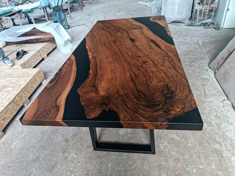Custom Dark Walnut Wood Matte Black Epoxy Resin Table, Dining Table ...