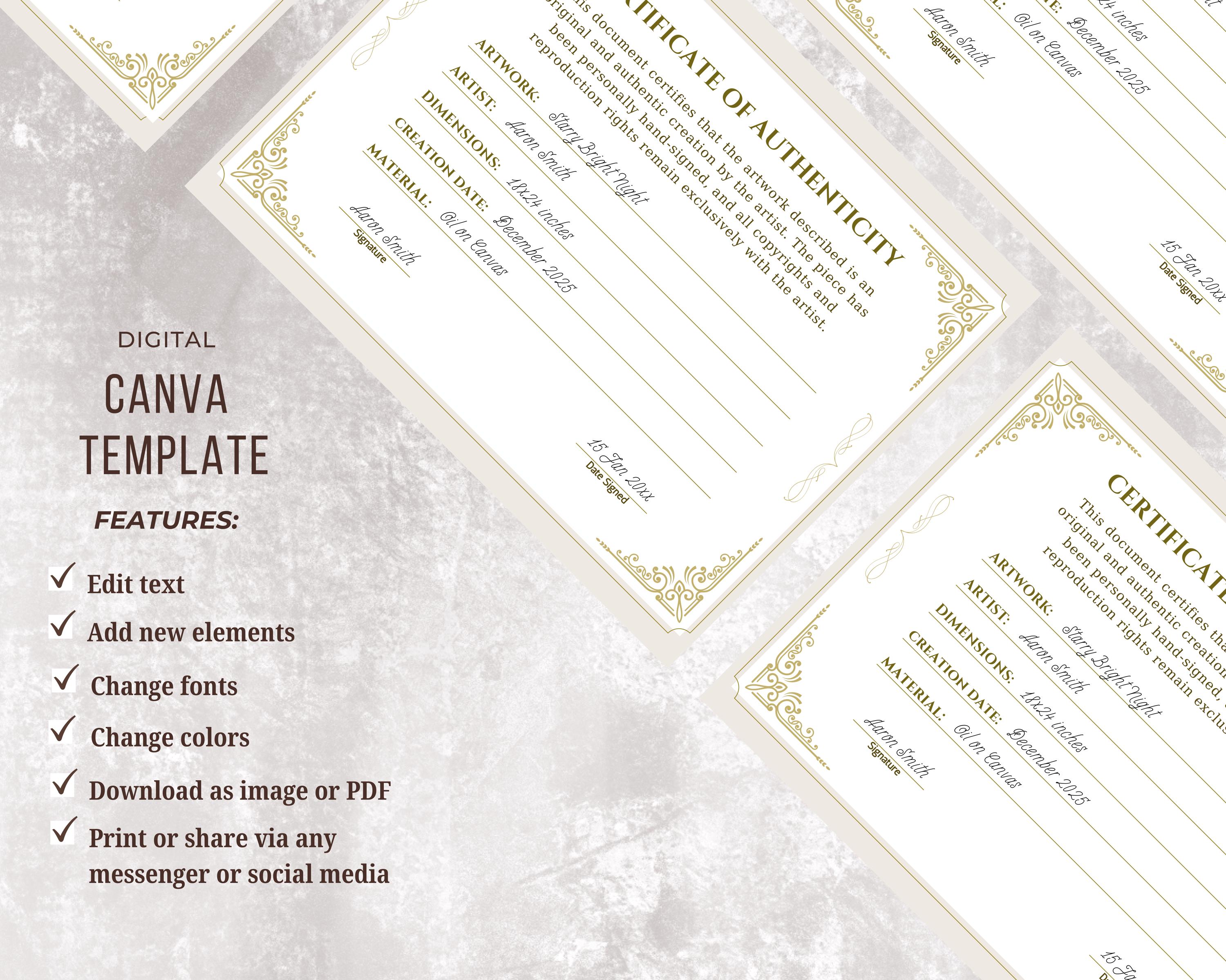 Editable Authenticity Certificate for Original Artwork Template ...