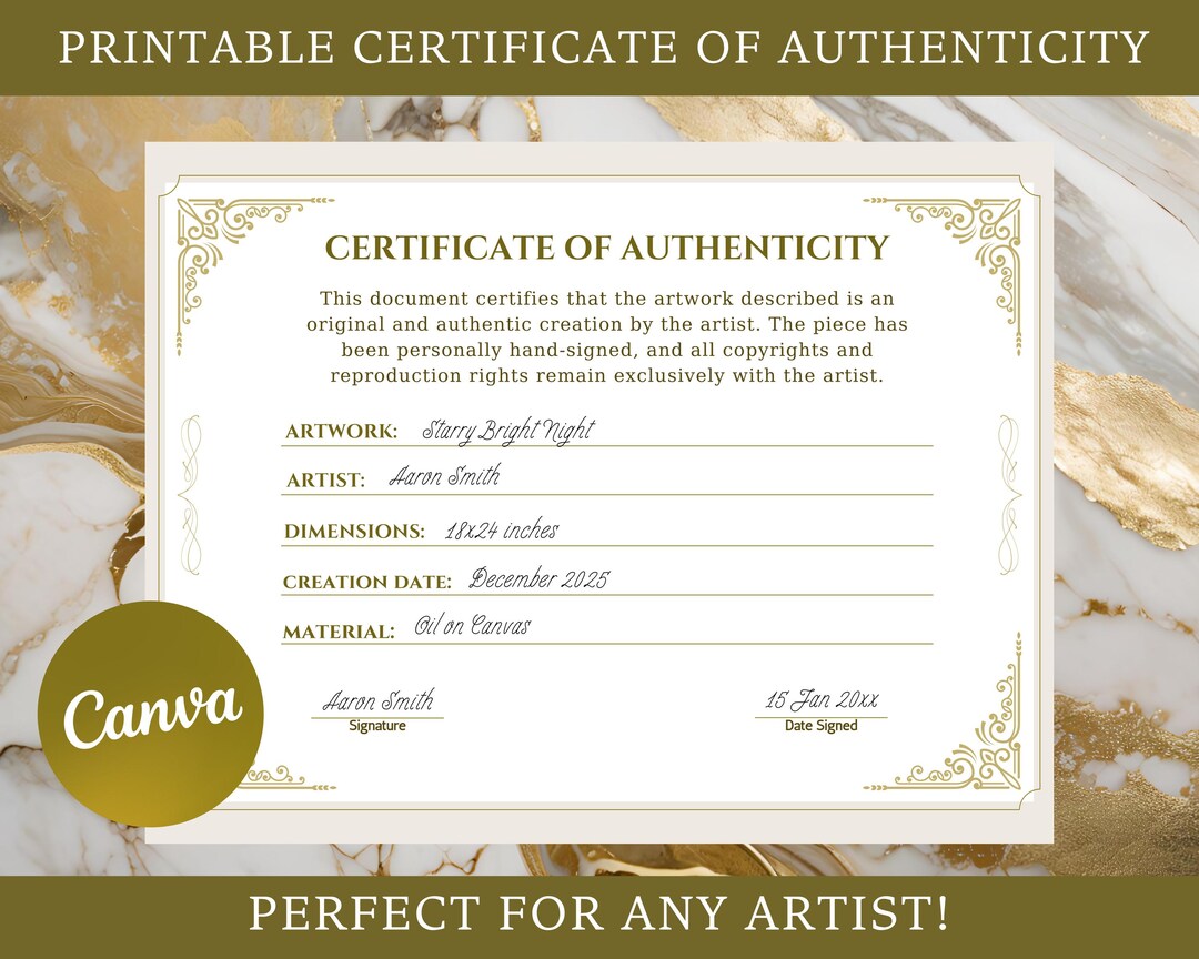 Editable Authenticity Certificate for Original Artwork Template ...