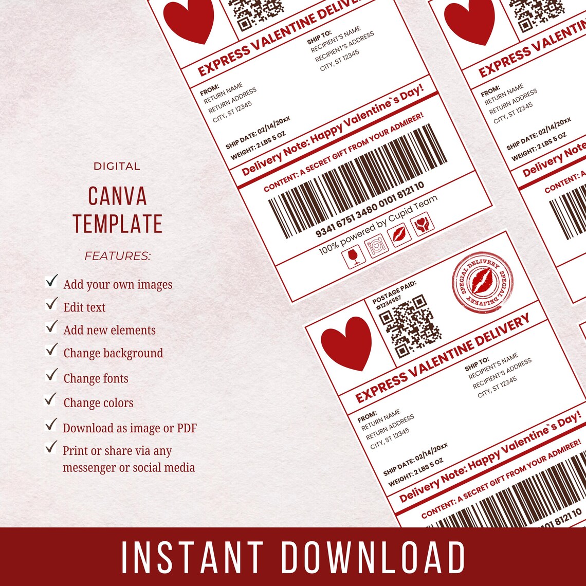 Valentine Shipping Label Template, Editable Love Mail Box Sticker, DIY ...