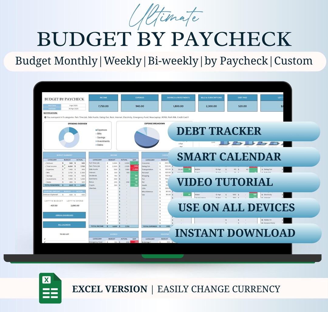 Feuille de calcul budgétaire du chèque de paie, feuille bleu de suivi ...