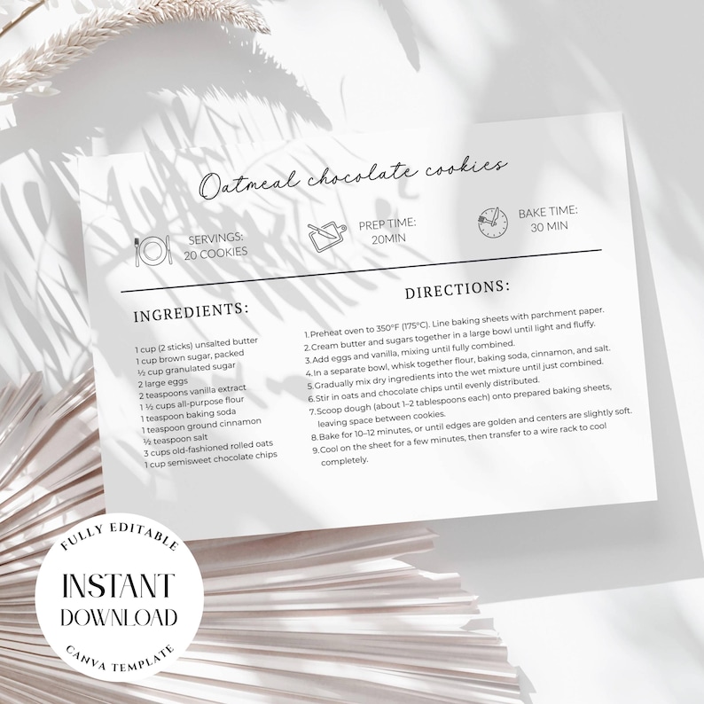 Editable Recipe Card Printable, Minimalist Kitchen Recipe Page ...