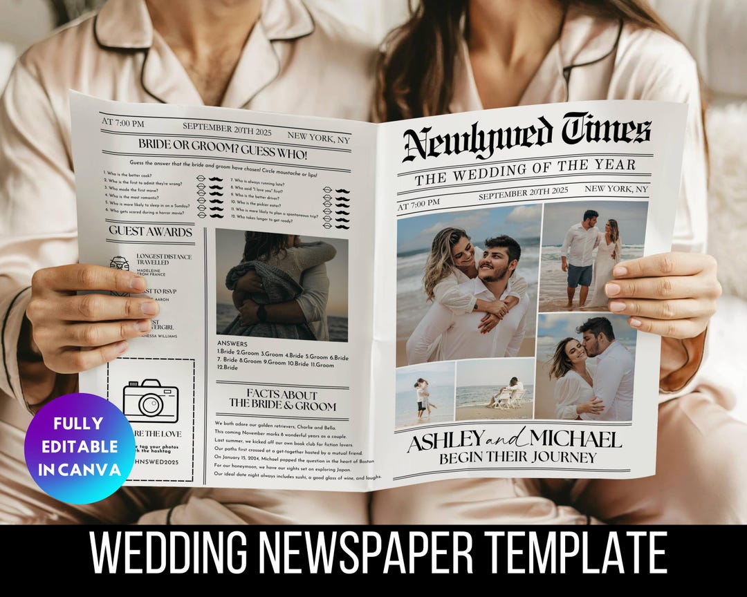 Printable Wedding Newspaper Photo Template, DIY Marriage Announcement ...
