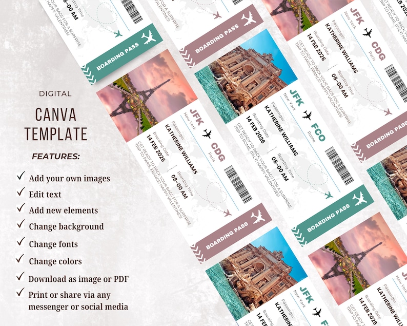 Editable Boarding Pass Canva Template, Printable Airplane Ticket ...