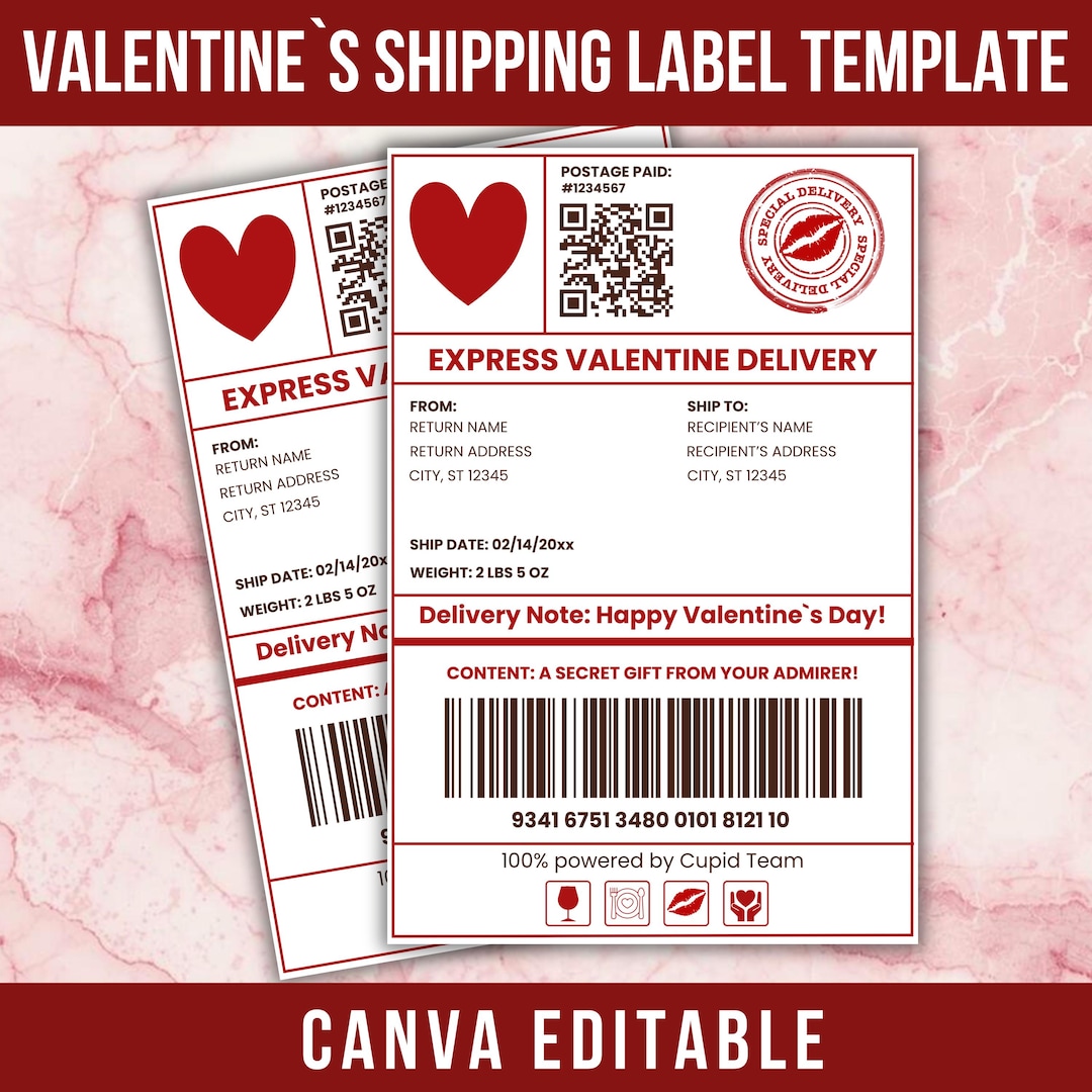 Valentine Shipping Label Template, Editable Love Mail Box Sticker, DIY ...