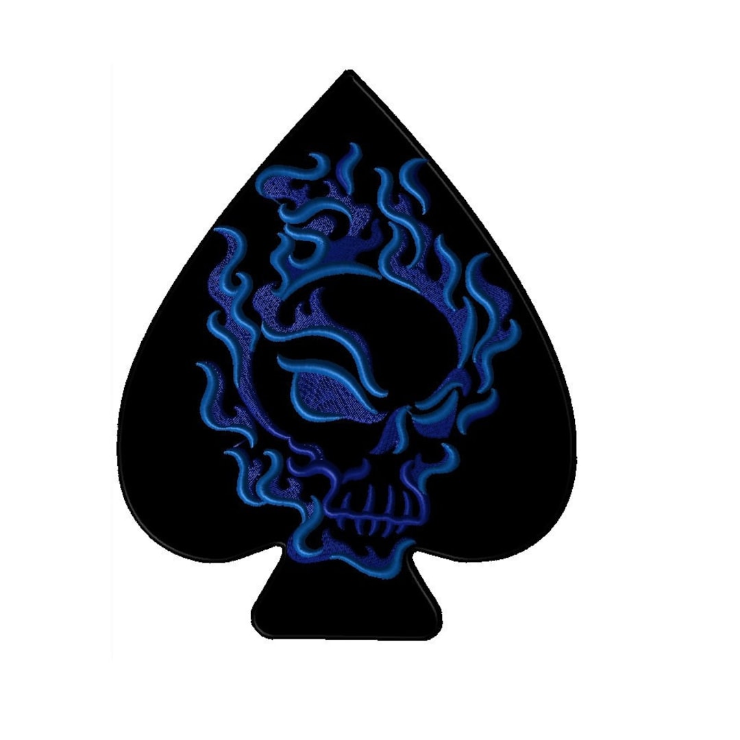 Flame Skull Spade Patch - Blue Flames - Iron on - Large Back Patch ...