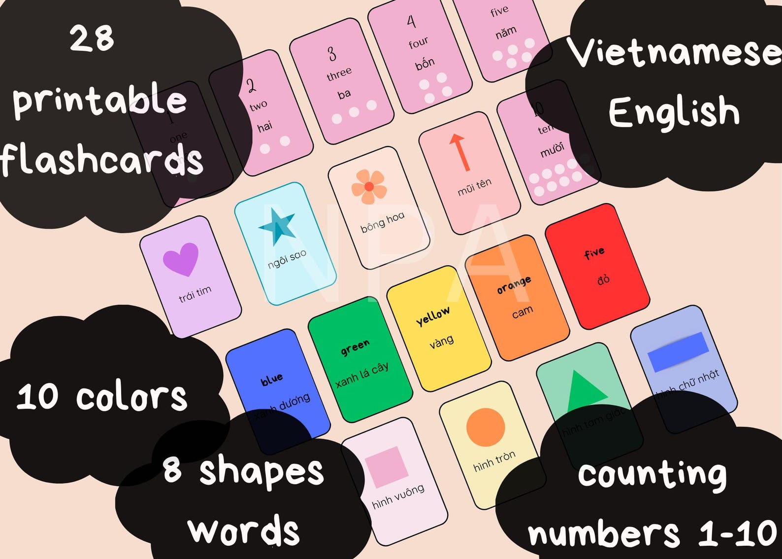 Vietnamese English Flashcards: Numbers, Shapes, Colors (printable) - Etsy