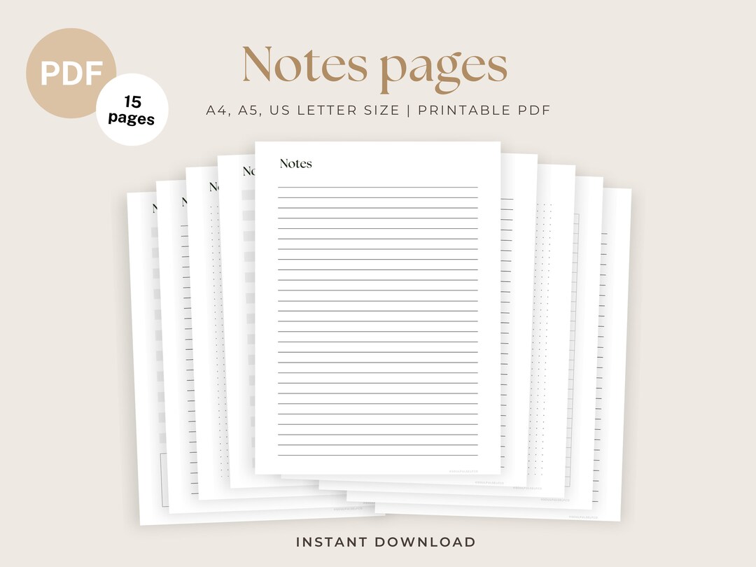 Printable Notes Pages: Lined, Grid, Dotted (A4, A5, US Letter) (digital ...