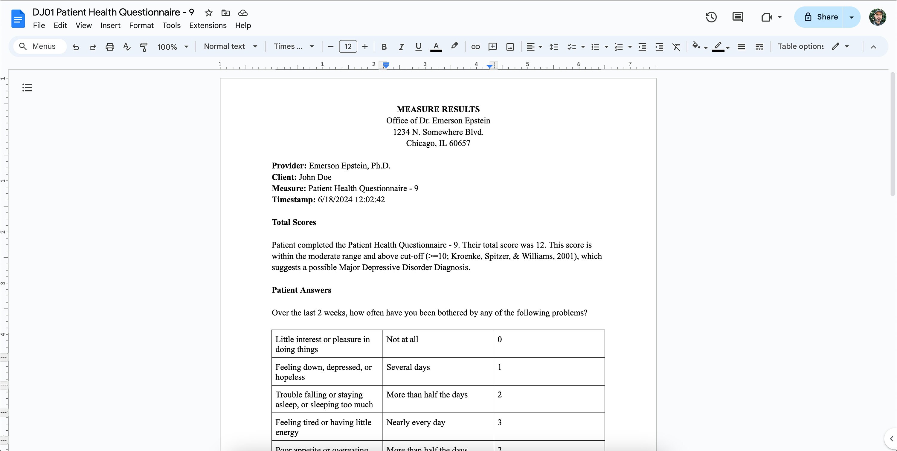 Patient Health Questionnaire - 9 (PHQ-9) Google Form With Scoring and ...