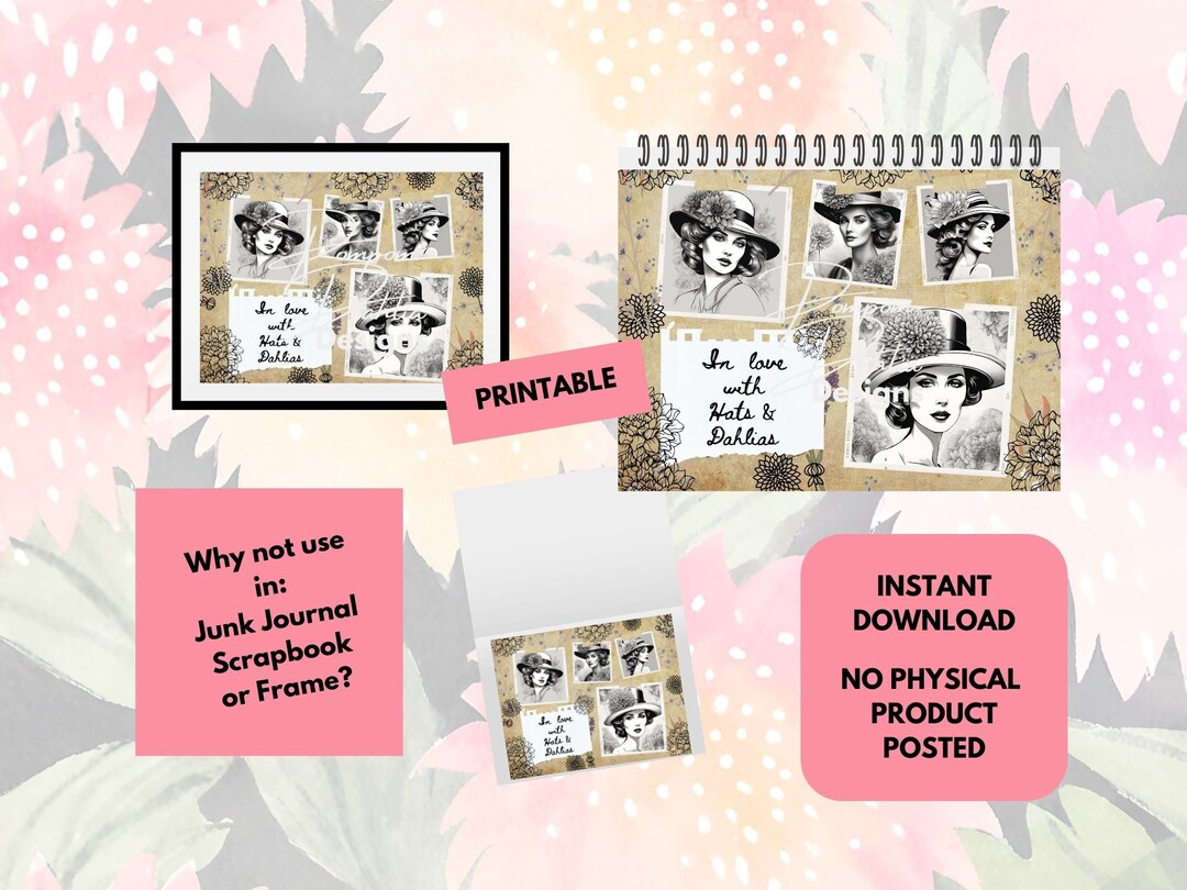 Vintage Hats & Dahlias Digital Art Bundle, Junk Journal Pages ...