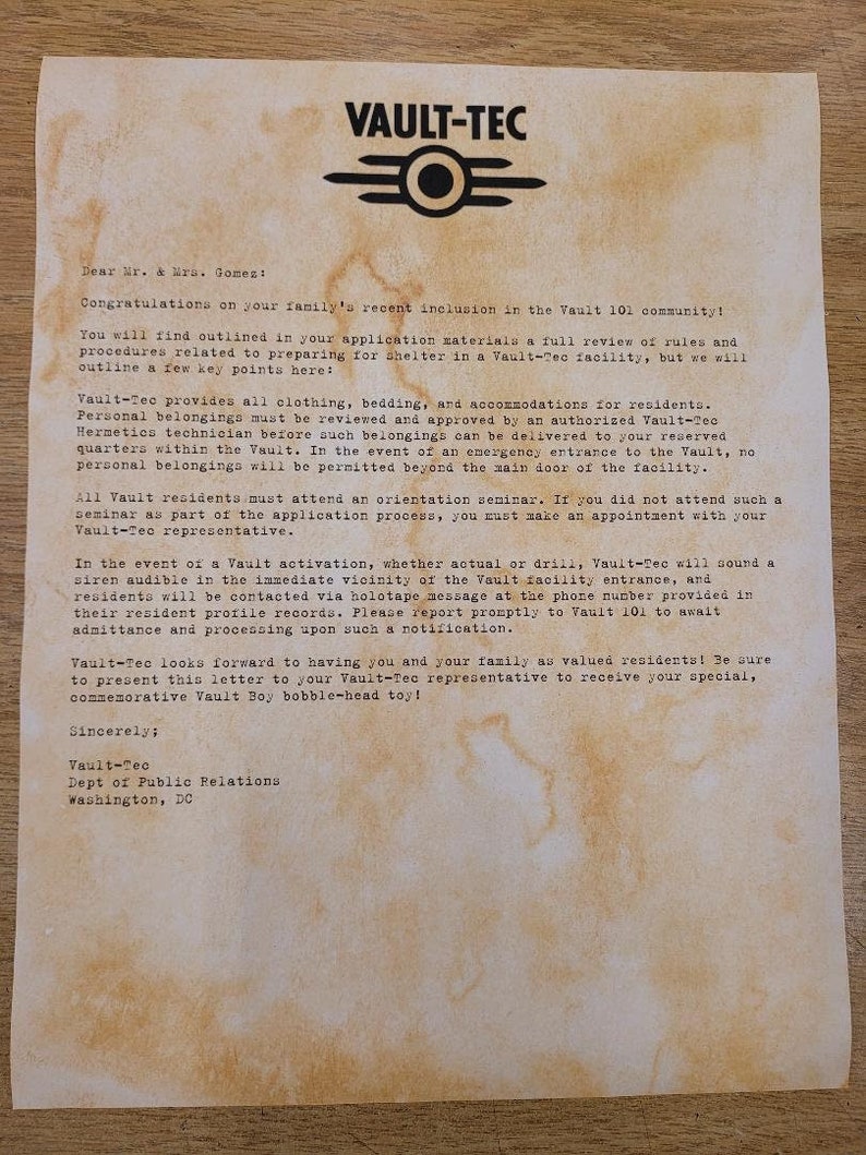 Fallout Vault- Tec Letter - Etsy