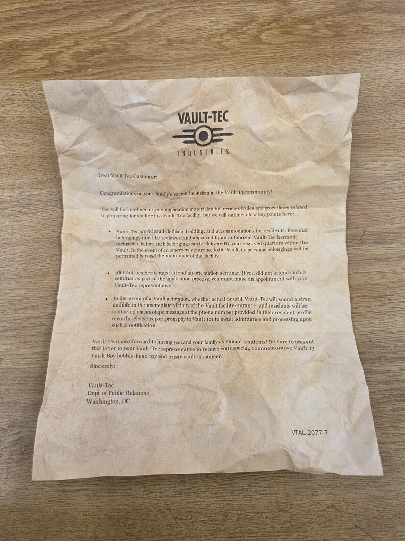 Fallout Vault- Tec Letter - Etsy