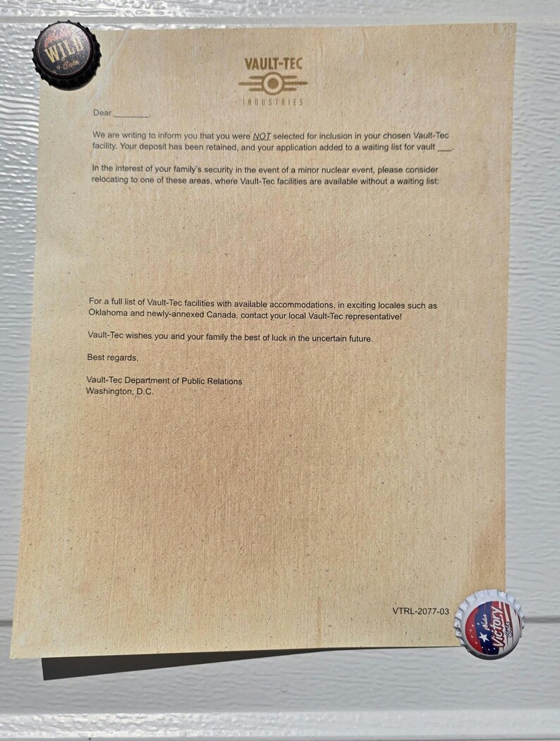 Fallout Vault- Tec Letter - Etsy
