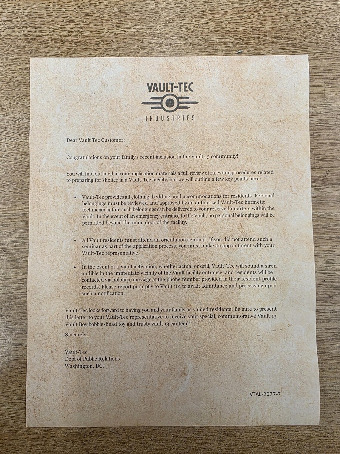 Fallout Vault- Tec Letter - Etsy