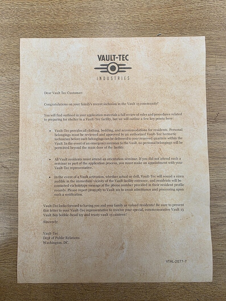 Fallout Vault- Tec Letter - Etsy