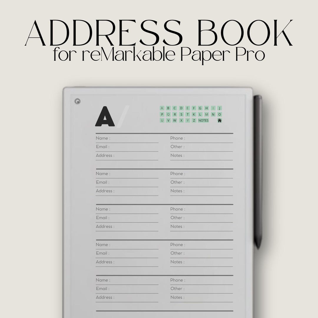 Address Book for Remarkable Paper Pro, Hyperlinked Digital Address Book ...