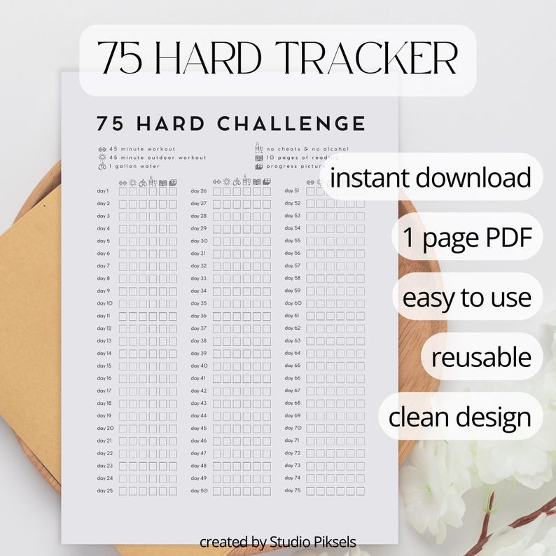 75 Hard Challenge Tracker, 75 Hard Tracker, 75 Hard Template, 75 Hard ...