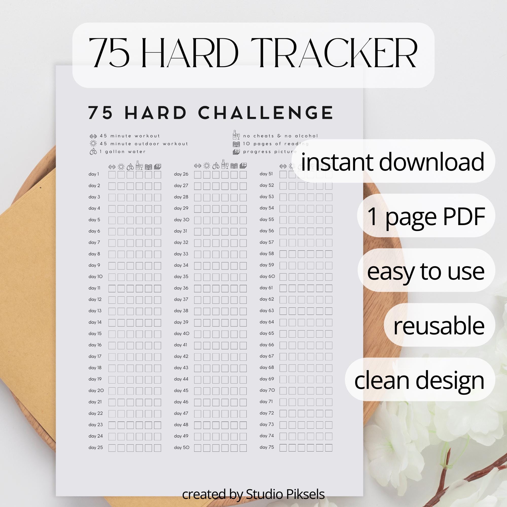 75 Hard Challenge Tracker, 75 Hard Tracker, 75 Hard Template, 75 Hard ...
