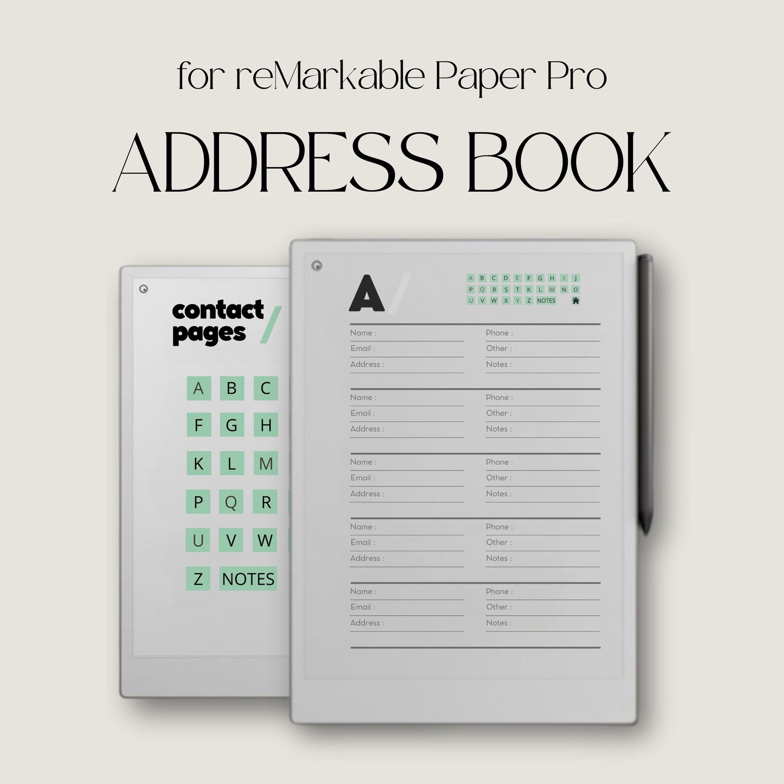 Address Book for Remarkable Paper Pro, Hyperlinked Digital Address Book ...