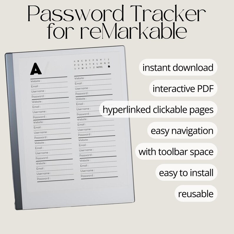 Password Tracker for Remarkable, Eink Password Manager, Hyperlinked ...