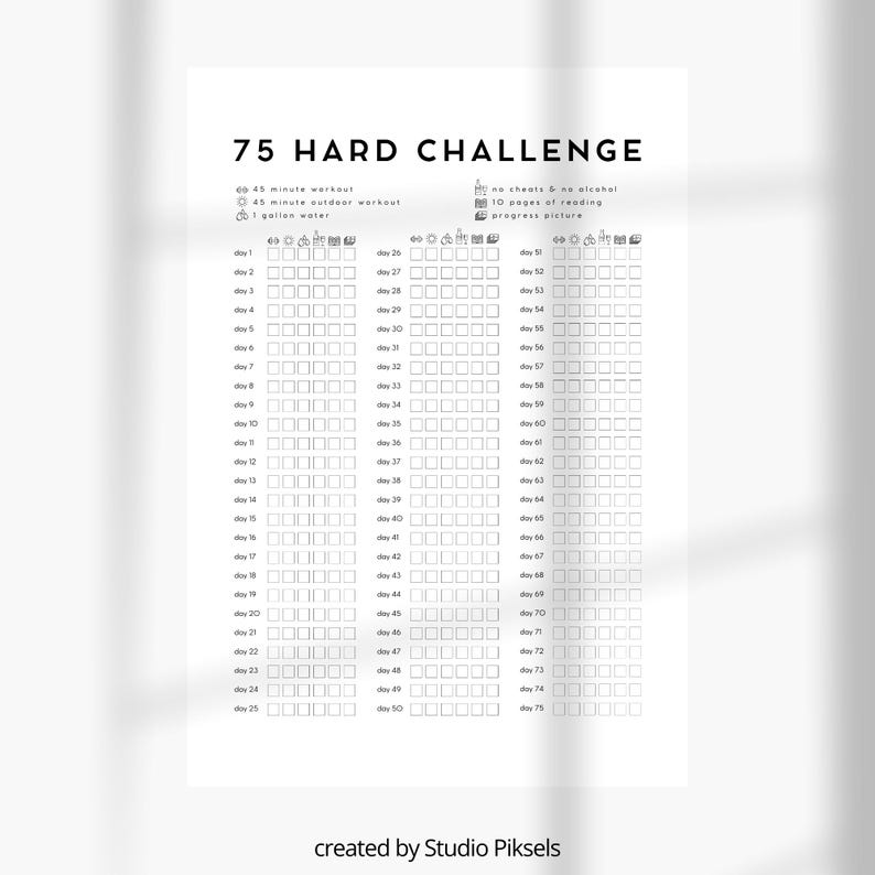 75 Hard Challenge Tracker, 75 Hard Tracker, 75 Hard Template, 75 Hard ...