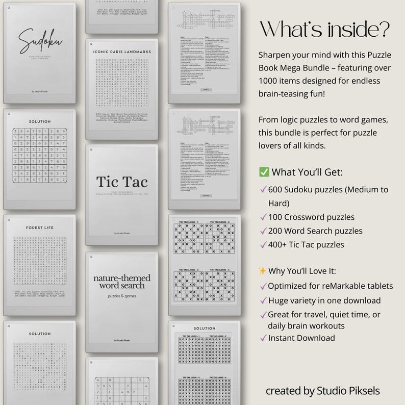 Mega Puzzle Book Bundle for Remarkable: Sudoku, Tic Tac Logic Puzzles ...