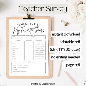 All About My Teacher Printable, Favorites List, Teacher Survey, My ...