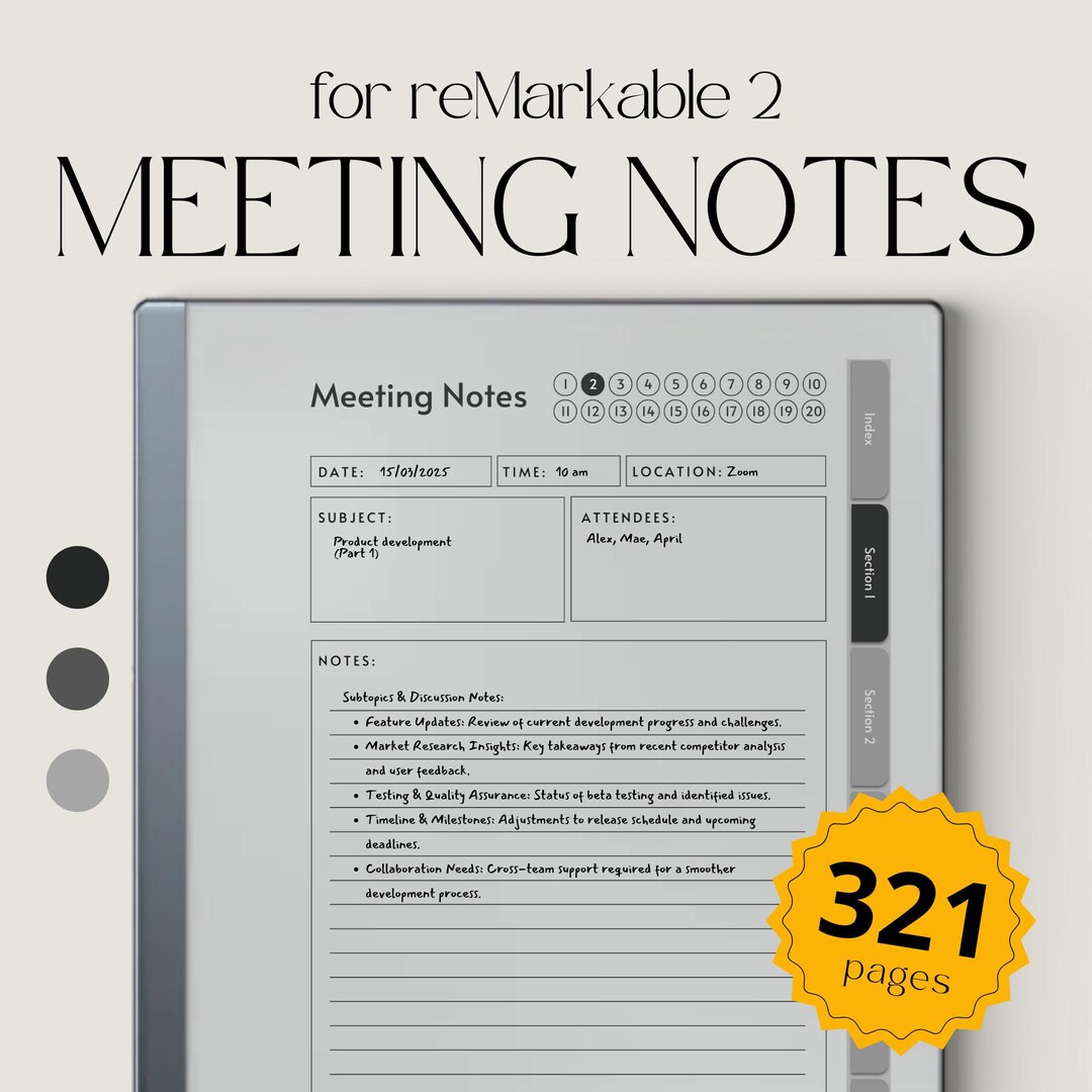 Meeting Minutes Template for Remarkable 2, Meeting Notes, Meeting ...
