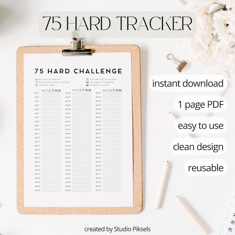 75 Hard Challenge Tracker, 75 Hard Tracker, 75 Hard Template, 75 Hard ...