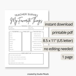 All About My Teacher Printable, Favorites List, Teacher Survey, My ...