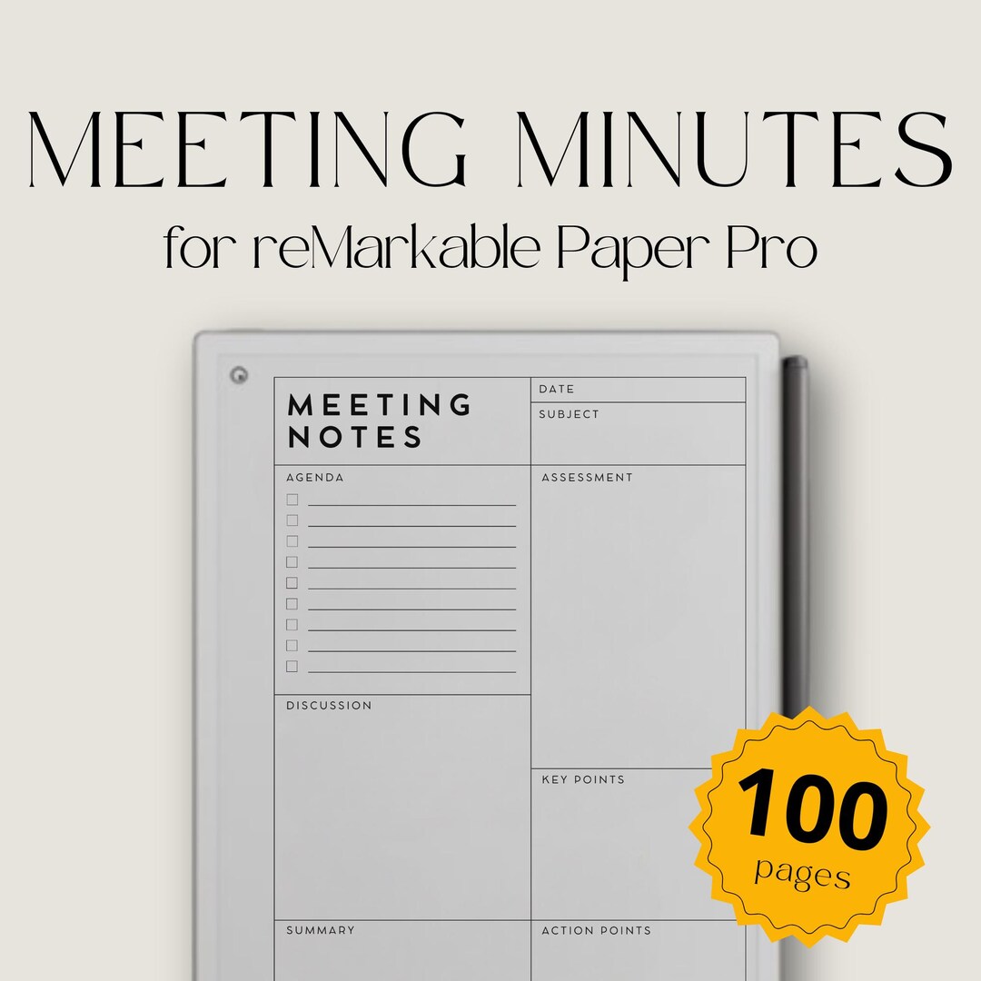 Meeting Minutes Template for Remarkable Paper Pro, Meeting Notes for ...