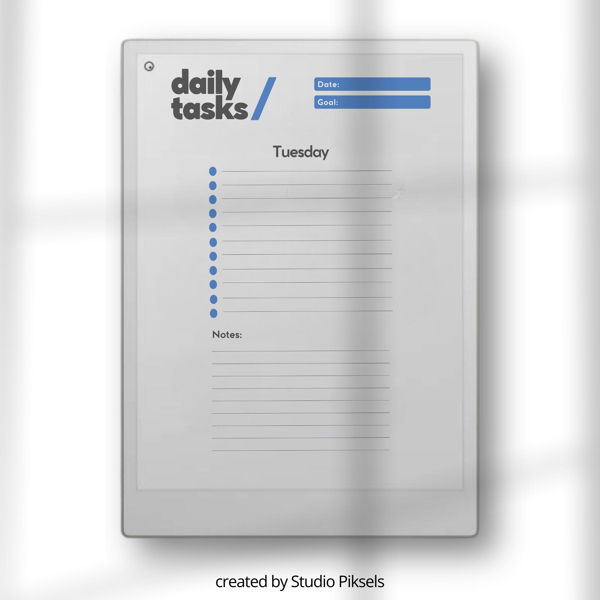 Daily Task Tracker for Remarkable Paper Pro, Checklist Template for ...