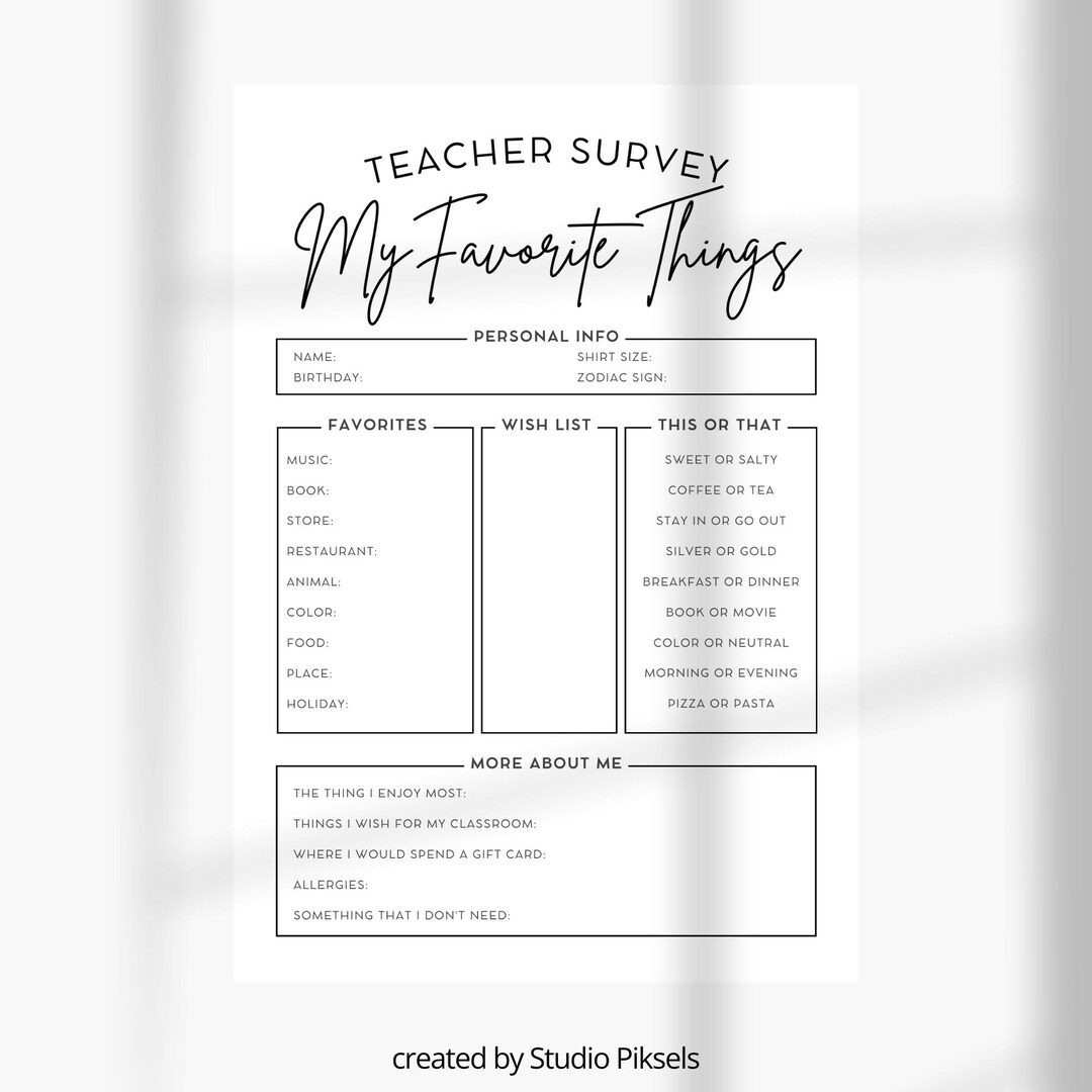 All About My Teacher Printable, Favorites List, Teacher Survey, My ...