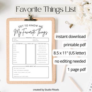 My Favorite Things List, Favorites List, Getting to Know You List ...
