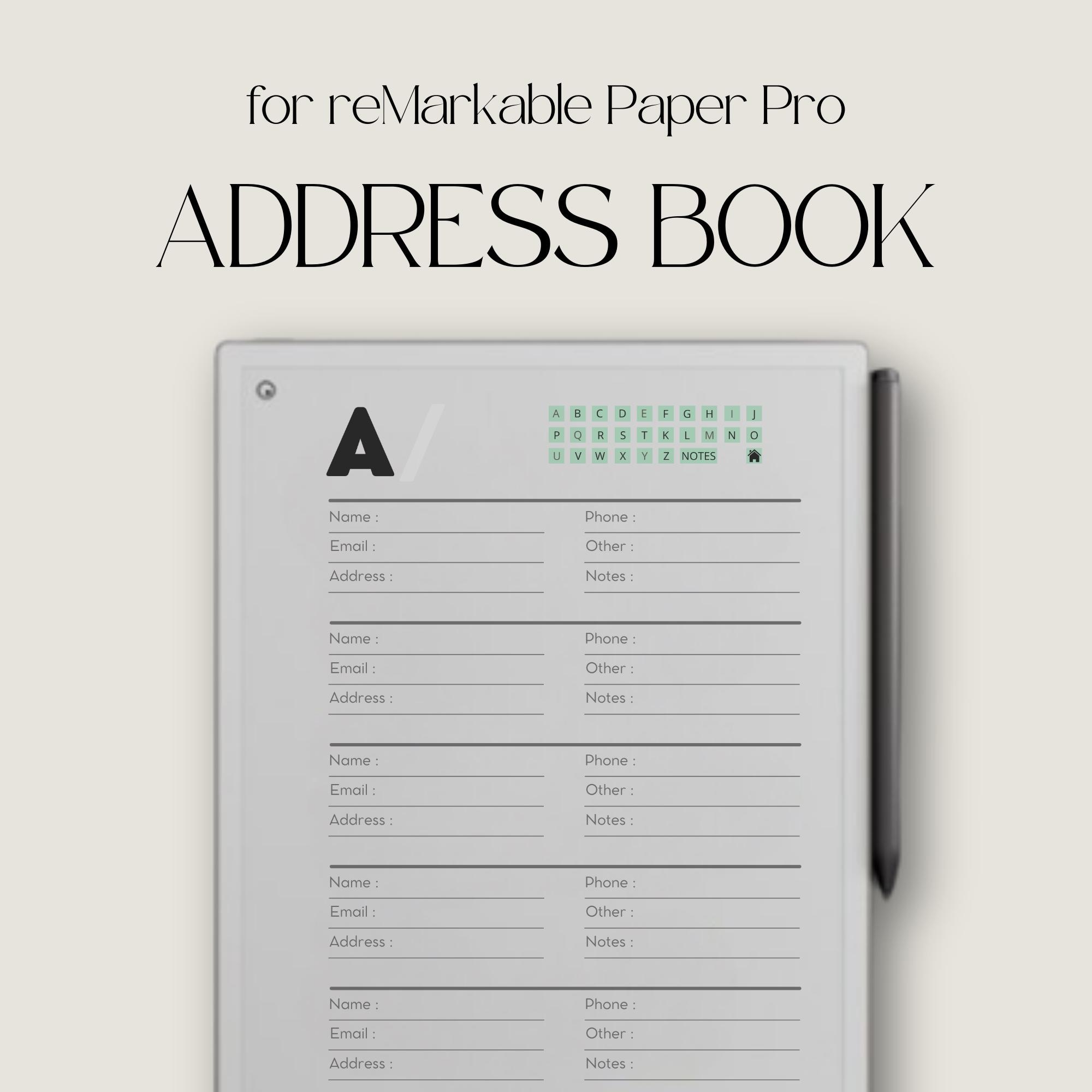 Address Book for Remarkable Paper Pro, Hyperlinked Digital Address Book ...