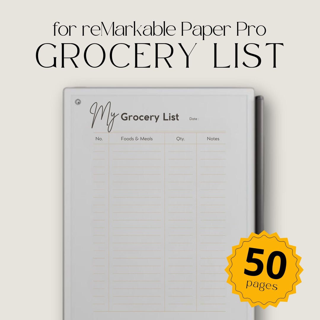 Grocery List Notebook for Remarkable Paper Pro, Eink Weekly Grocery ...