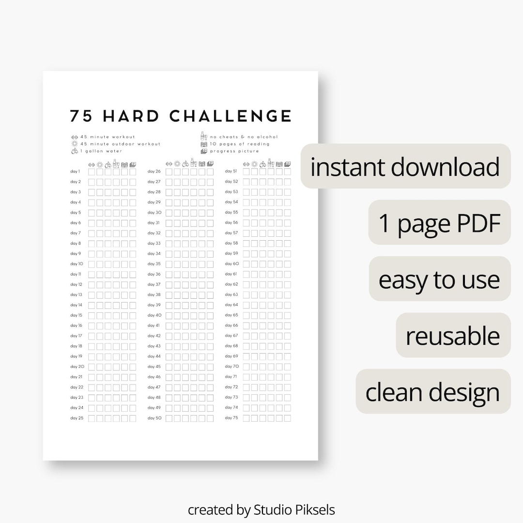 75 Hard Challenge Tracker, 75 Hard Tracker, 75 Hard Template, 75 Hard ...