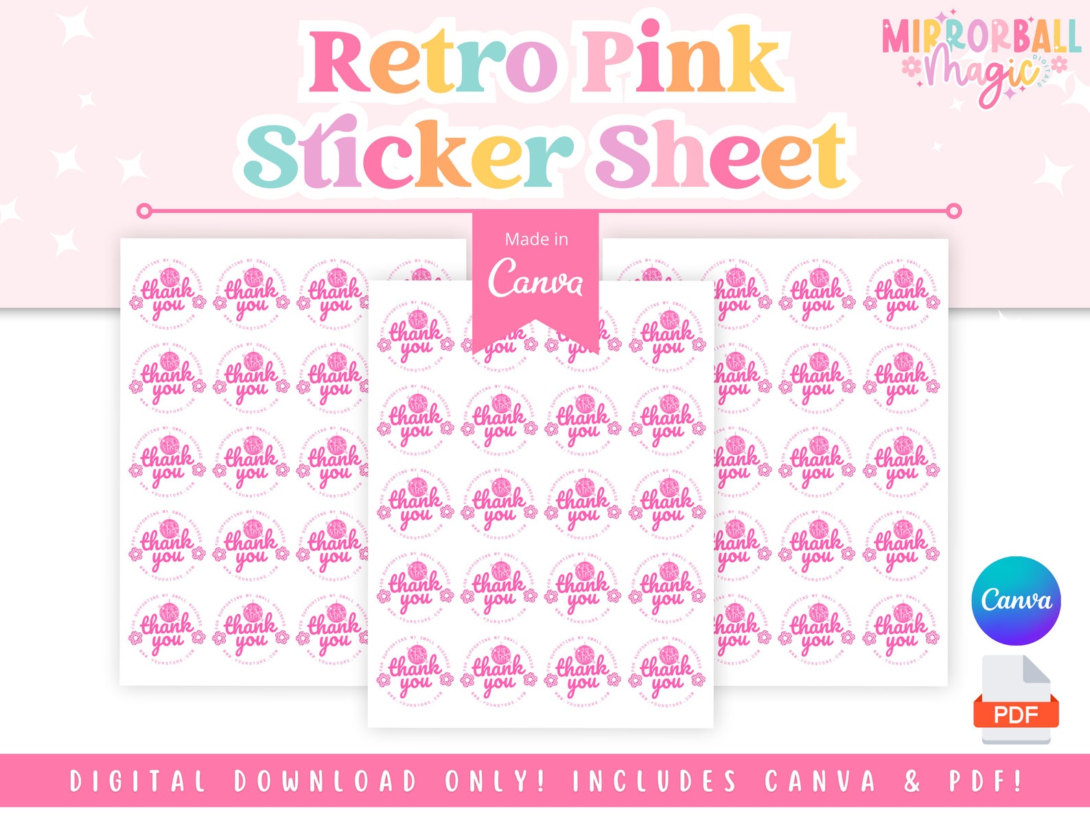 Editable Digital Canva Retro Pink Disco Thank You Sticker Sheet Small ...