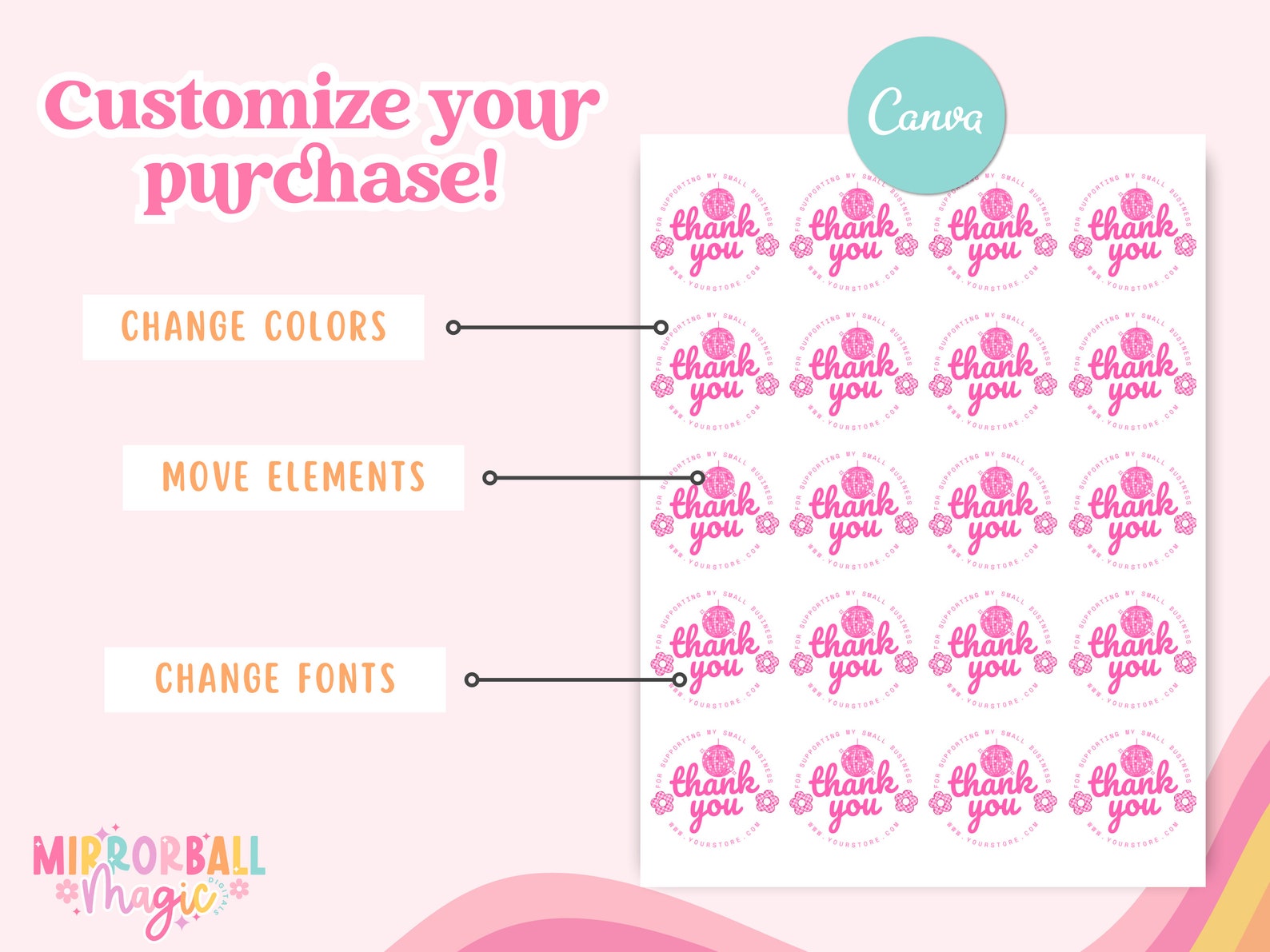 Editable Digital Canva Retro Pink Disco Thank You Sticker Sheet Small ...