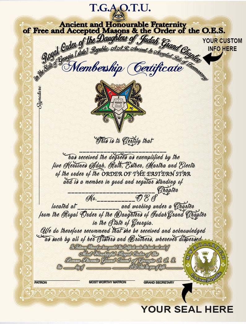 OES Eastern Star Certificate of Recognition, Customize and Print - Etsy Australia