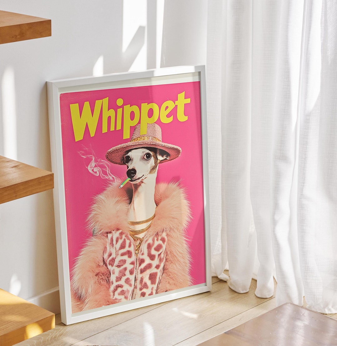 Whippet, Greyhound Pink Funny Dog Art Print, Fashion Portrait, Pet Gift ...