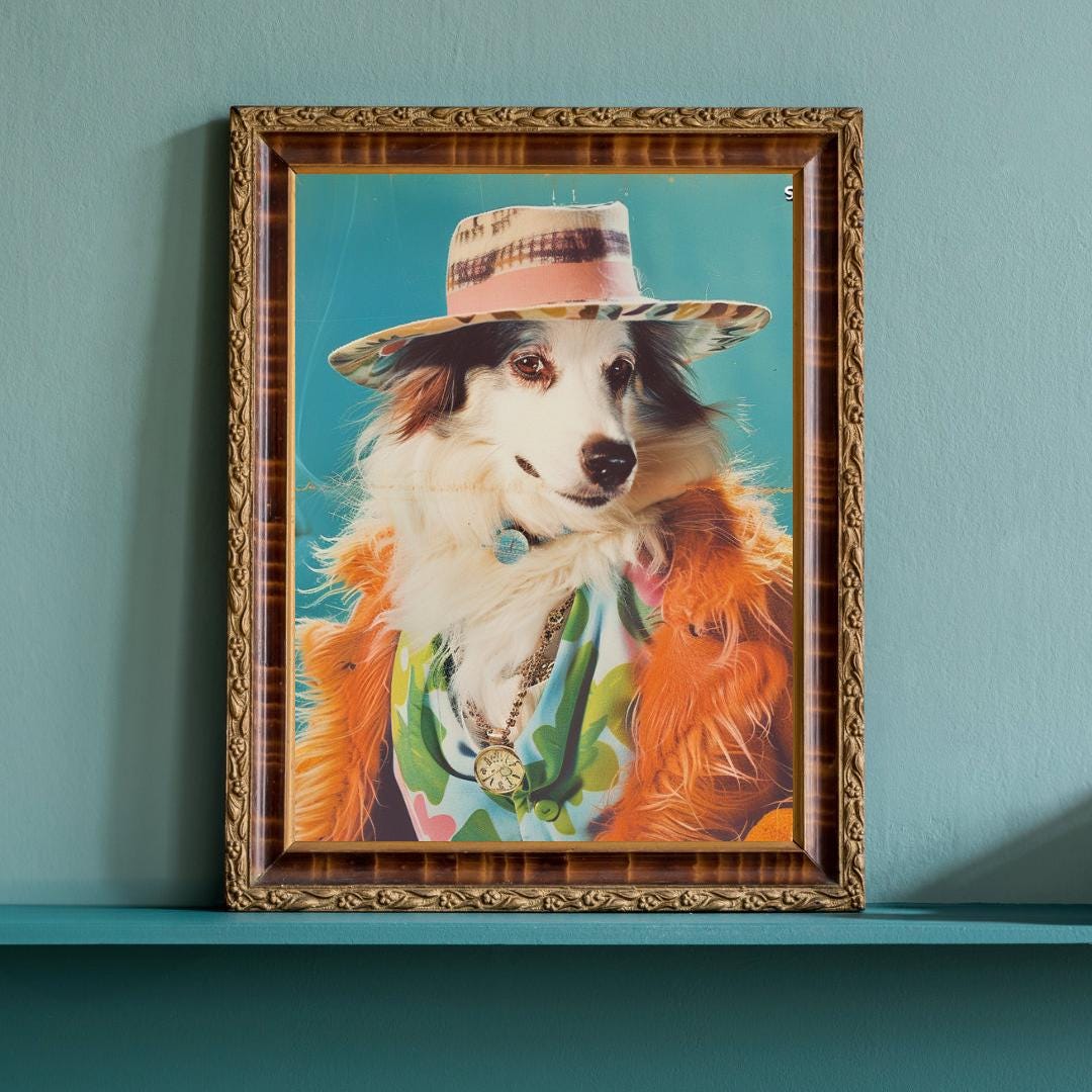 Custom 70s Border Collie Fashion Portrait, Pet Gift, Retro Home Decor ...